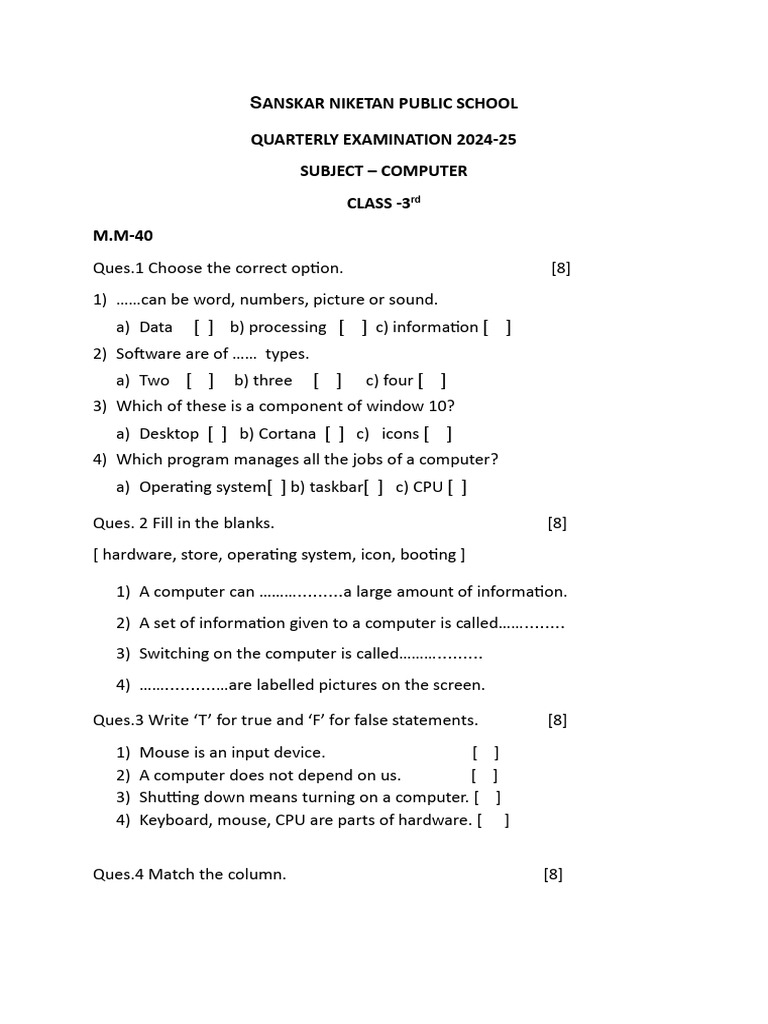 Class 3 Computer Exam Questions 2024 | PDF | Games & Activities ...