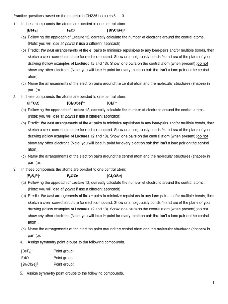 CH225 Test 2 Practice Questions | PDF | Chemical Bond | Chemical Compounds