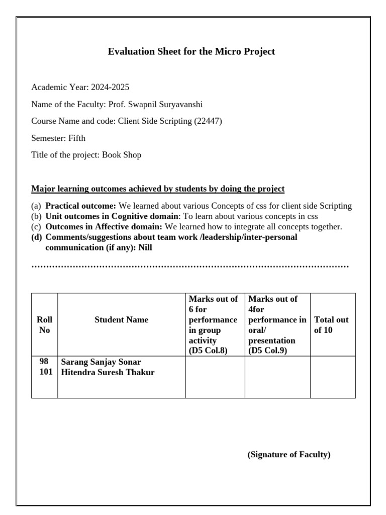 Evaluation Sheet Css. | PDF