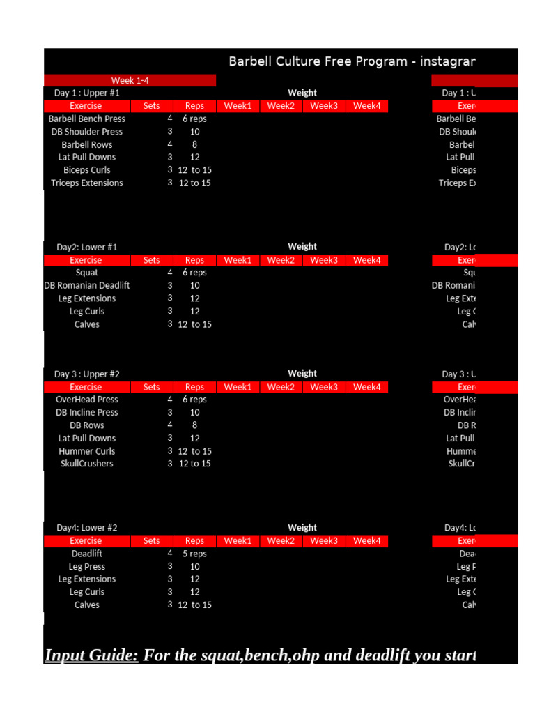 Barbell Culture Free Workout Program | PDF | Weight Training | Physical ...