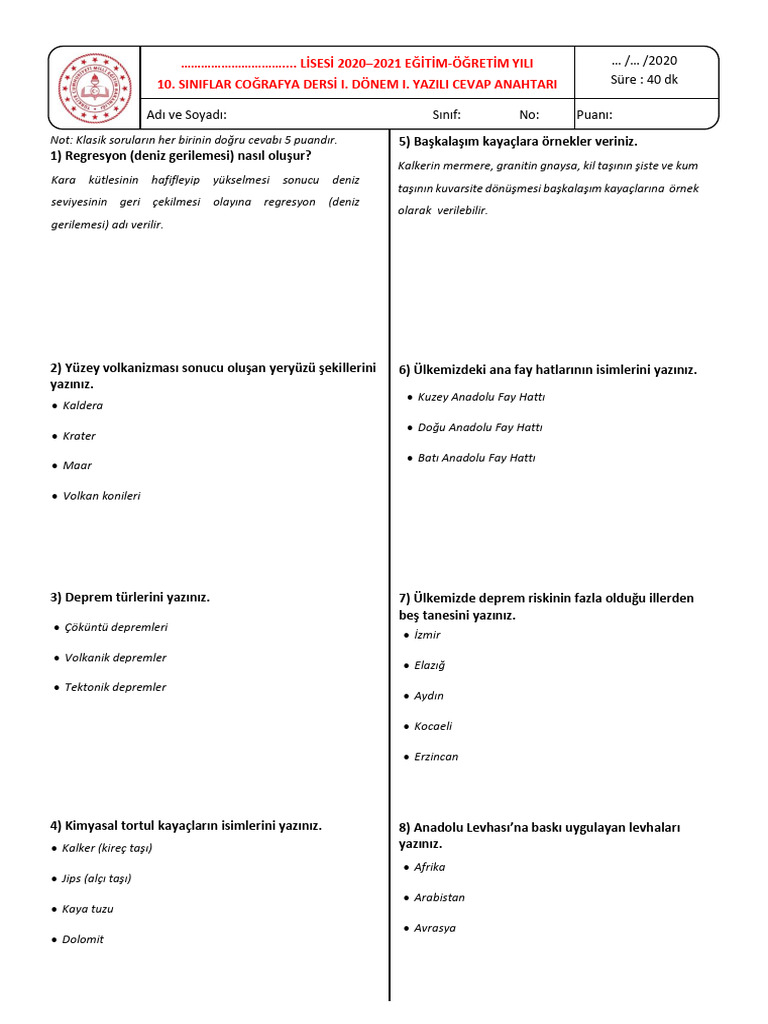 10.sinif Cografya 1. Donem 1. Yazili Sorulari Ve Cevaplari | PDF
