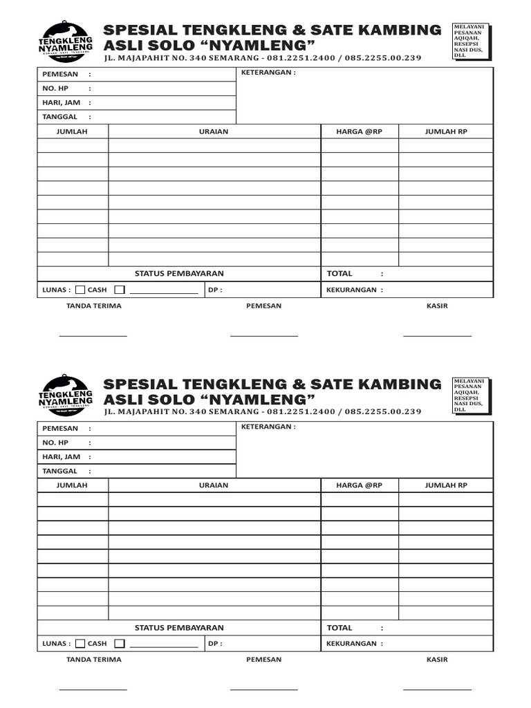 Nota Pesanan - TENGKLENG + SATE KAMBING 2024 | PDF