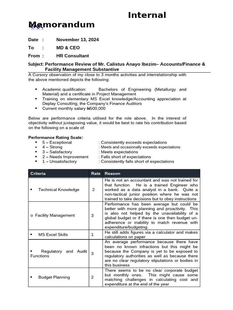 Performance Review of Mr. Ibezim | PDF | Business | Economies