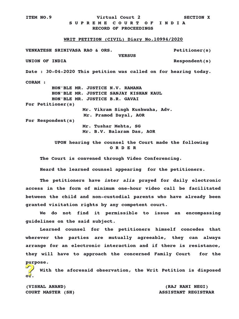 WRIT PETITION (CIVIL) Diary No.10994 - 2020 | PDF | Separation Of ...