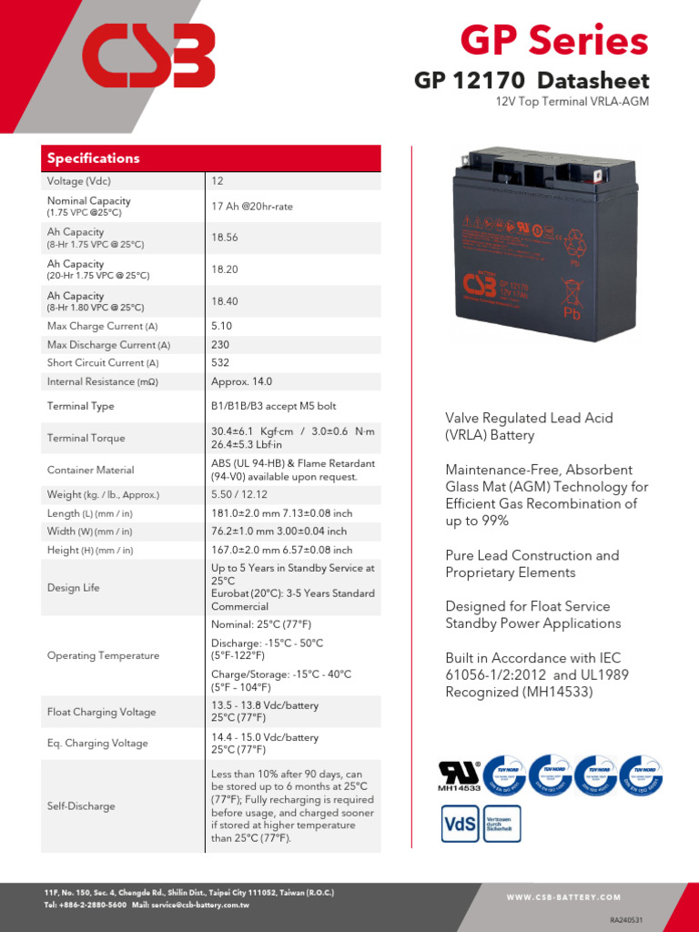 GP 12170 VRLA Battery Datasheet | PDF | Electromagnetism | Electricity