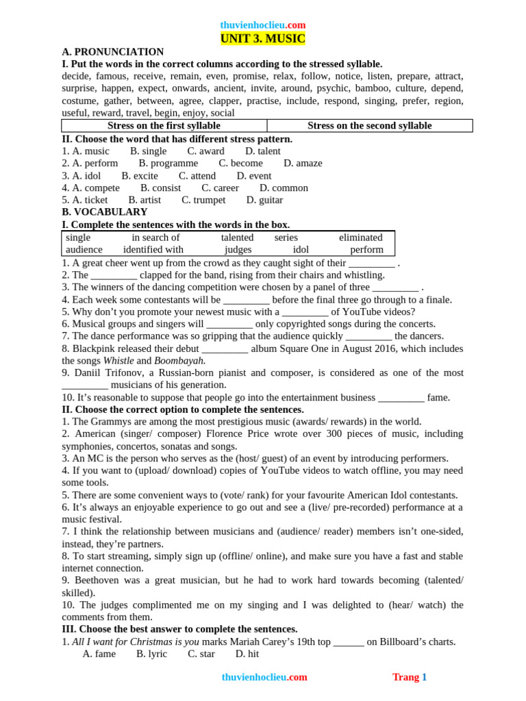 Bai Tap Thuc Hanh Tieng Anh 10 Global UNIT 3 Music | PDF | Literacy | Songs