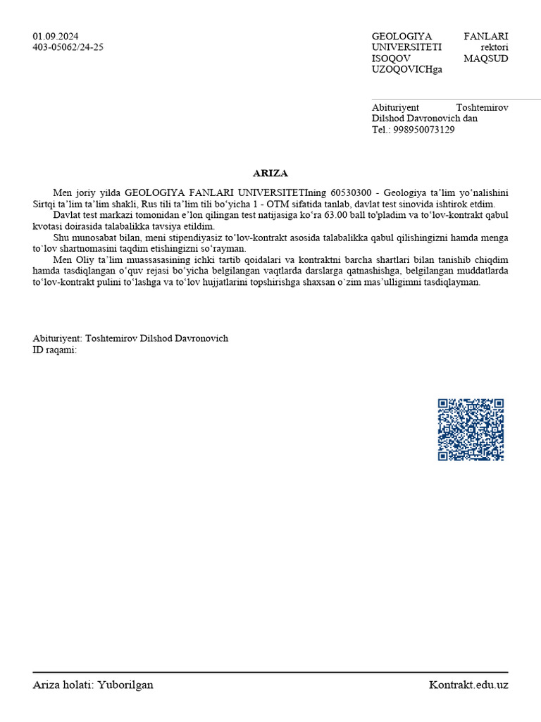 Ariza: Ariza Holati: Yuborilgan Kontrakt - Edu.uz | PDF