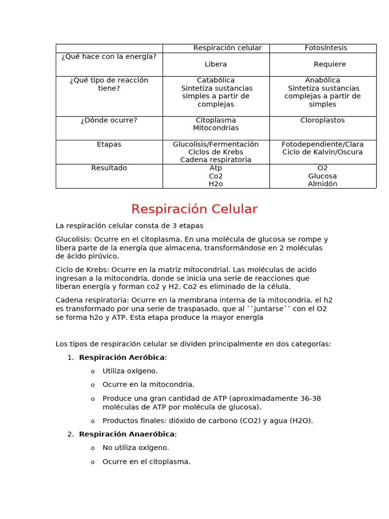 Resumen Biologia Fotosintesis y Respiracion Celular | PDF | Respiración ...