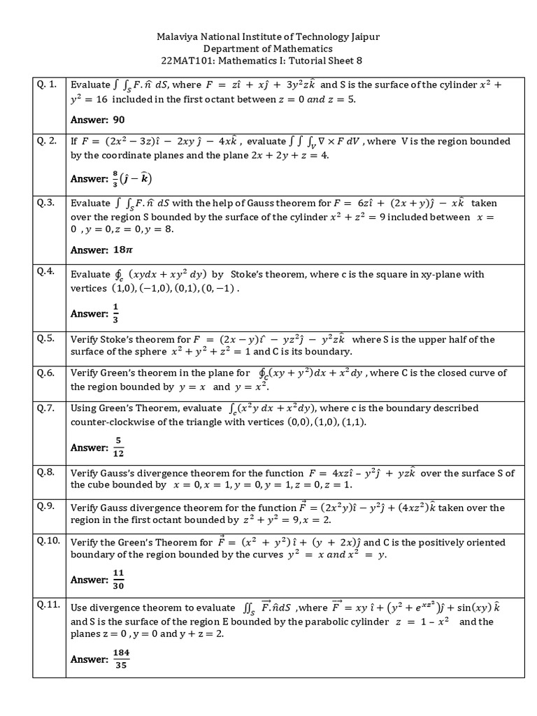 MAT101 2024 Tutorial Sheet-8-Answer Key | PDF | Differential Geometry | Geometry