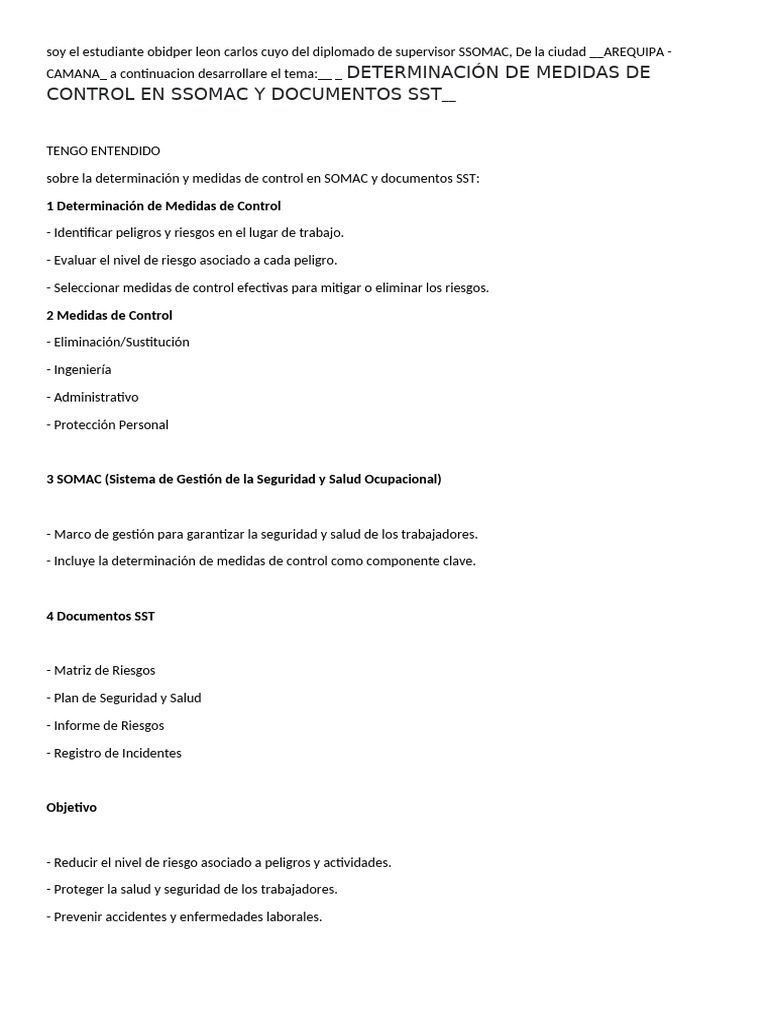 Resumen Determinación de Medidas de Control en Ssomac y Documentos SST | PDF