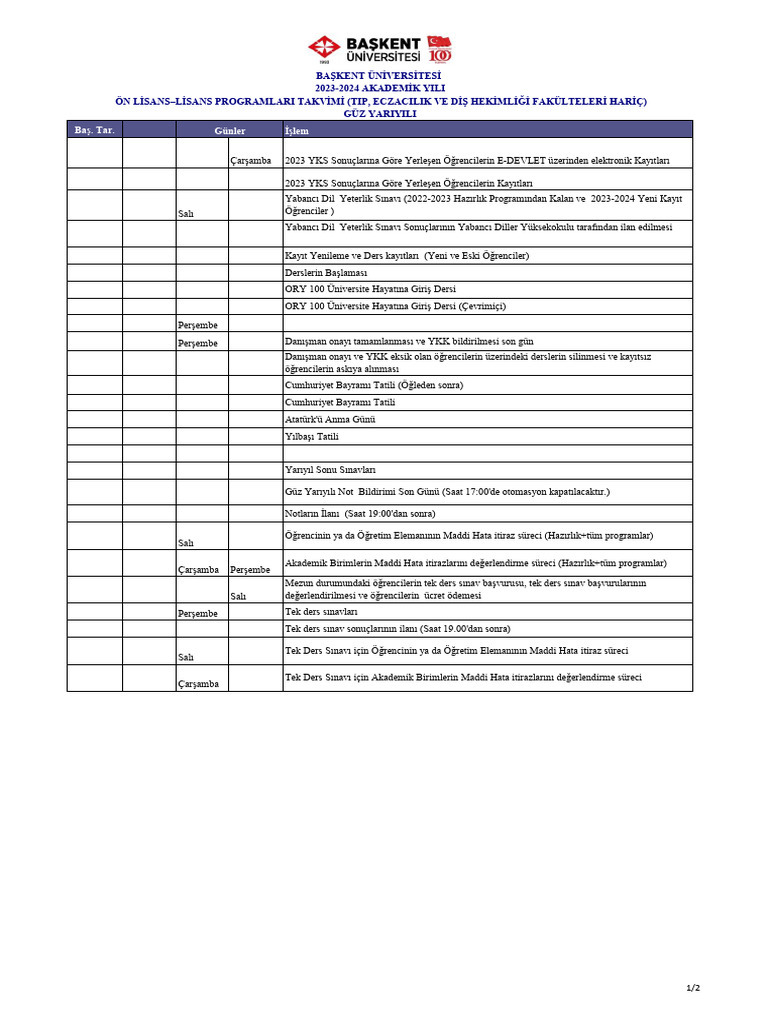 2023 2024 Onllisans Lisans Takvimi (Guncel 11.09.2023) | PDF