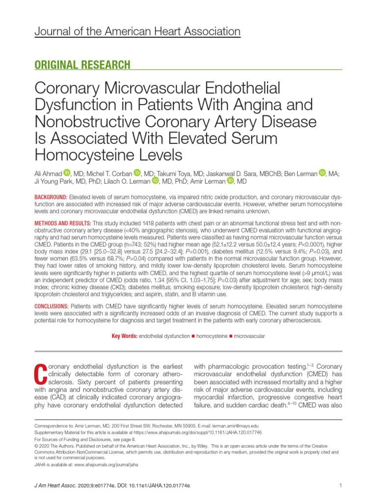 Coronary Microvascular Endothelial Dysfunction in Patients With Angina ...