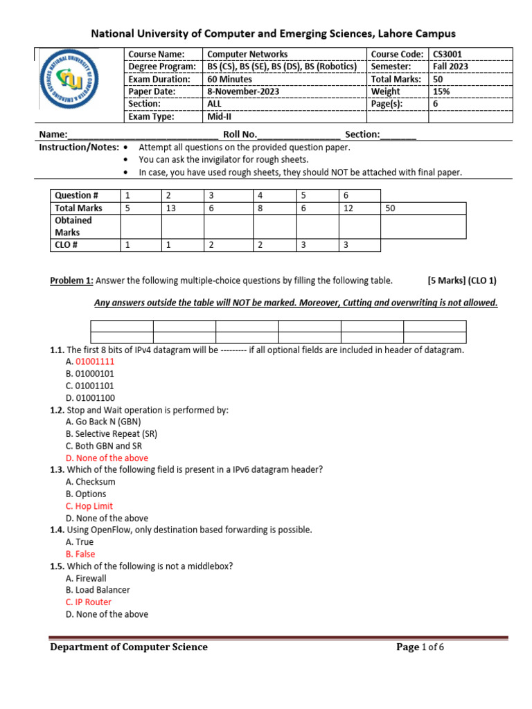 Computer Networks Midterm Exam | PDF | Transmission Control Protocol | Computer Networking