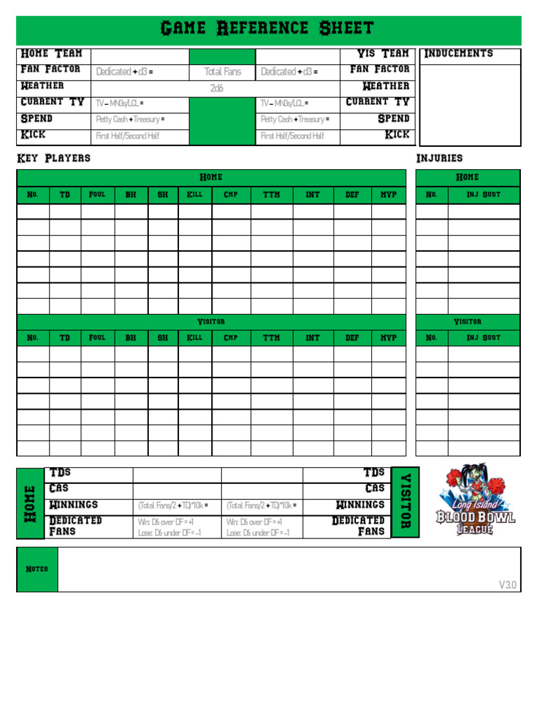 BB2020 Game Tracking Sheet | PDF