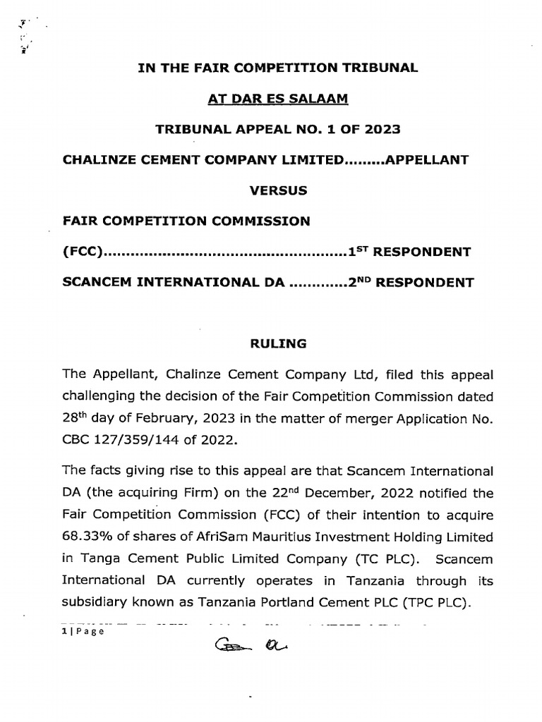 Sw-1692863572-Ruling - Appeal No. 1 of 2023 Chalinze Cement Company LTD ...