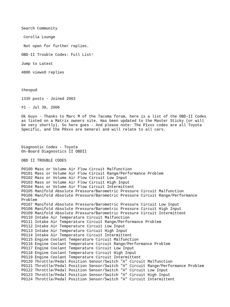 OBD-II Codes for Toyota Vehicles | PDF | Throttle | Fuel Injection