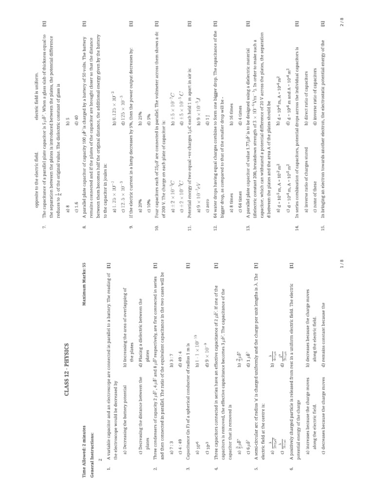 CLASS XII Physics MCQ For Chapter 2 - Electric Potential and Capacitor | PDF