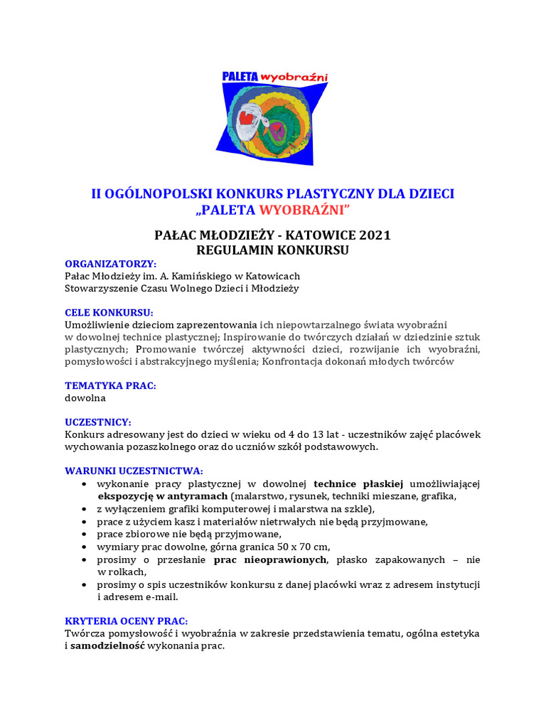 Paleta Wyobraźni 2021 Regulamin | PDF