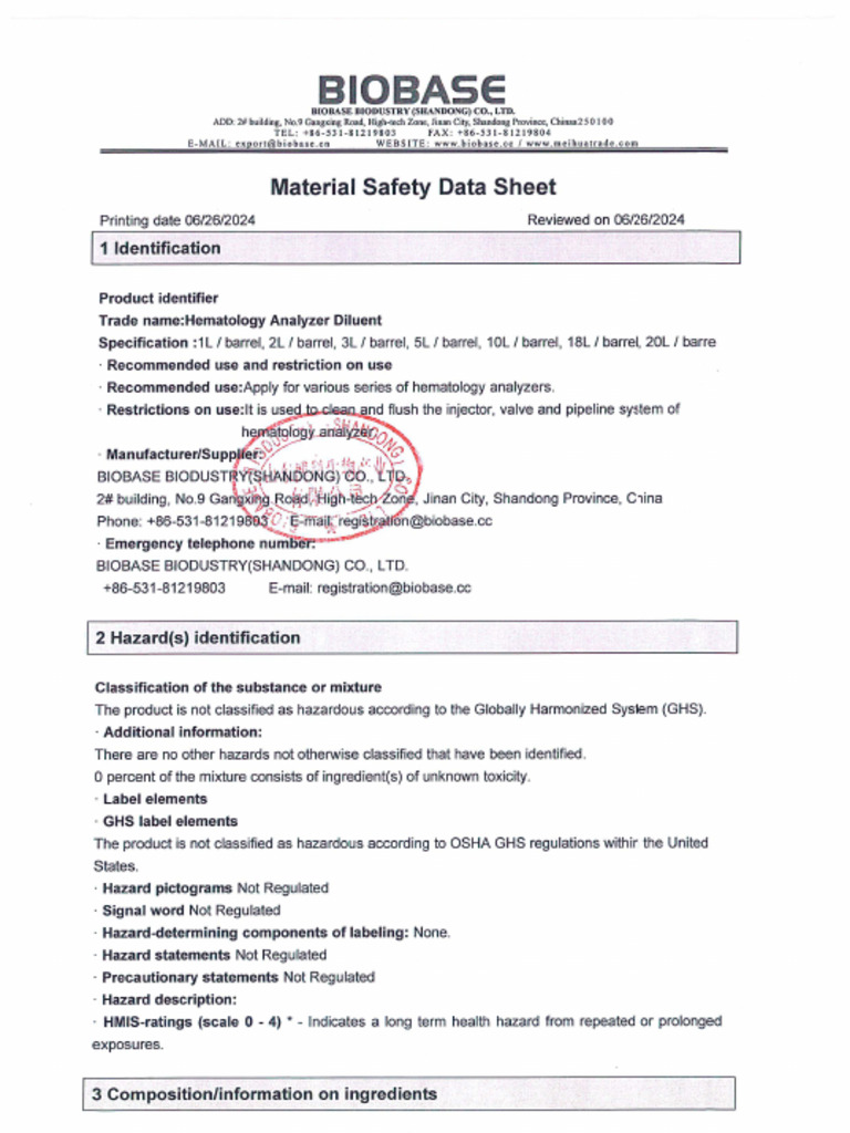 MSDS 血球仪试剂稀释液SFL | PDF