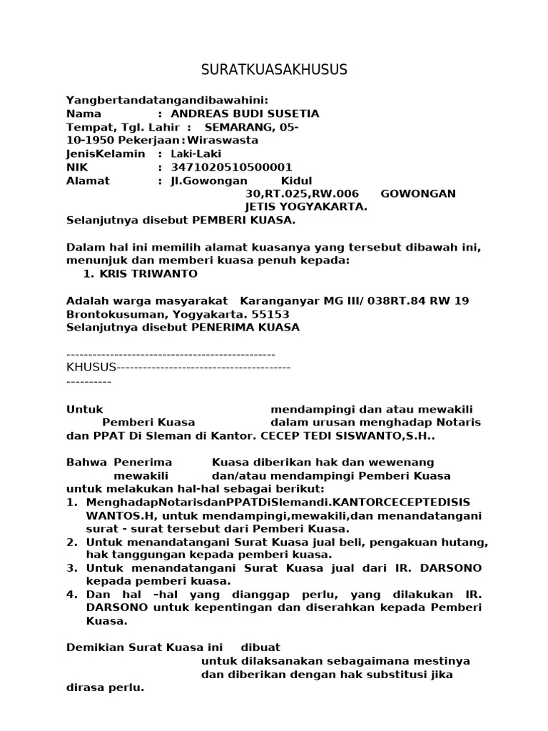 Surat Kuasa Jual Pak Darsono HGB | PDF