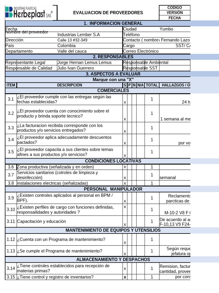 Lember F-Co-04-Formato Evaluacion de Proveedor | PDF