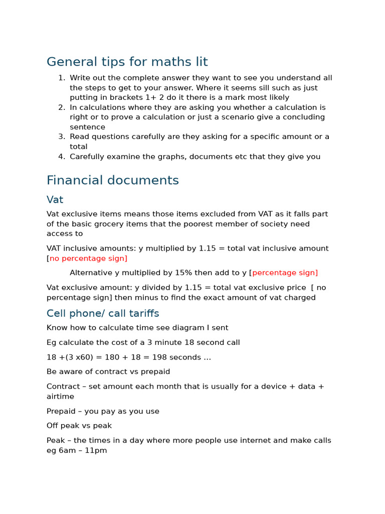 General Tips For Maths Lit | PDF | Value Added Tax | Average