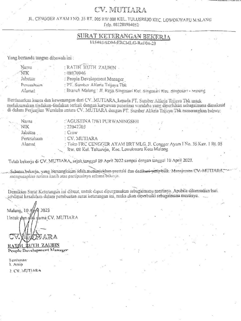 Surat Refrensi Kerja Alfamart | PDF