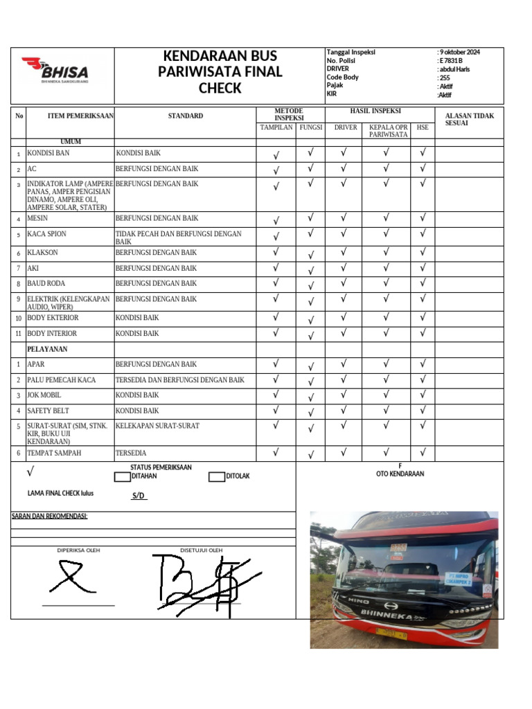 Form Checklist Armada Pariwisata (Form Kosong) | PDF