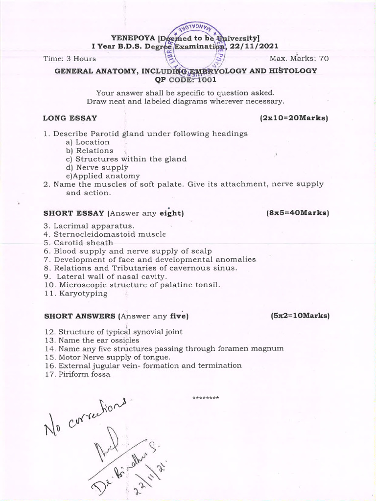 BDS 1st Year Anatomy Question Paper 2016 | PDF | Teaching Methods ...