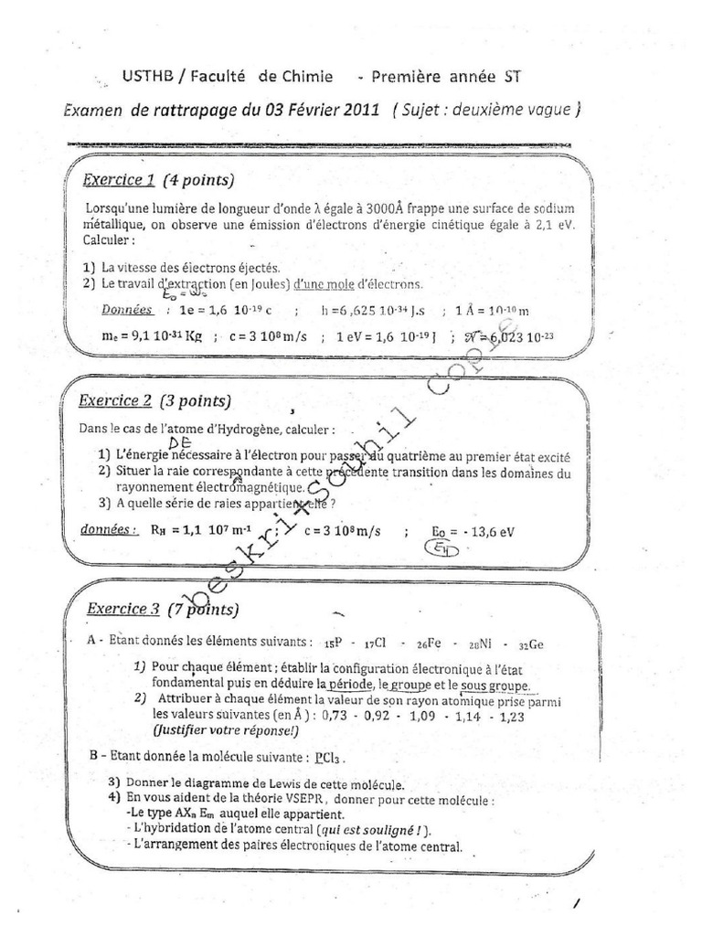 5 Examens Corrigés de Chimie - L1 - S1 - USTHB. | PDF