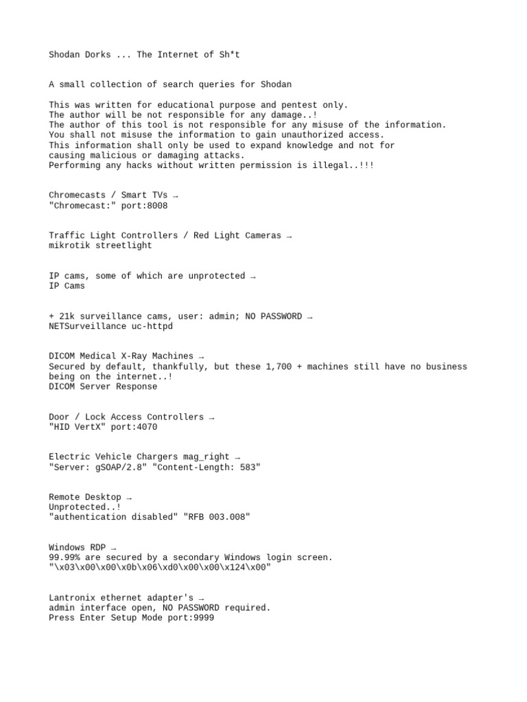 Shodan Dorks The Internet of SH T | PDF