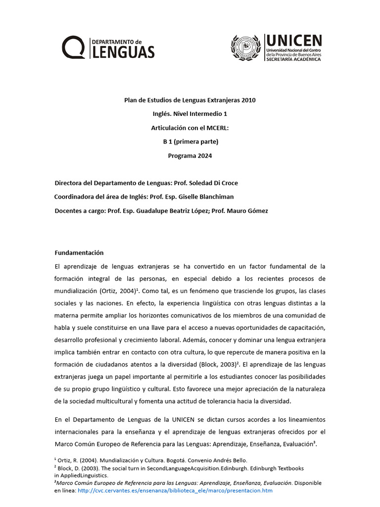 Programa Ingles Intermedio 1 2024 | PDF | Enseñando | Hablar en público