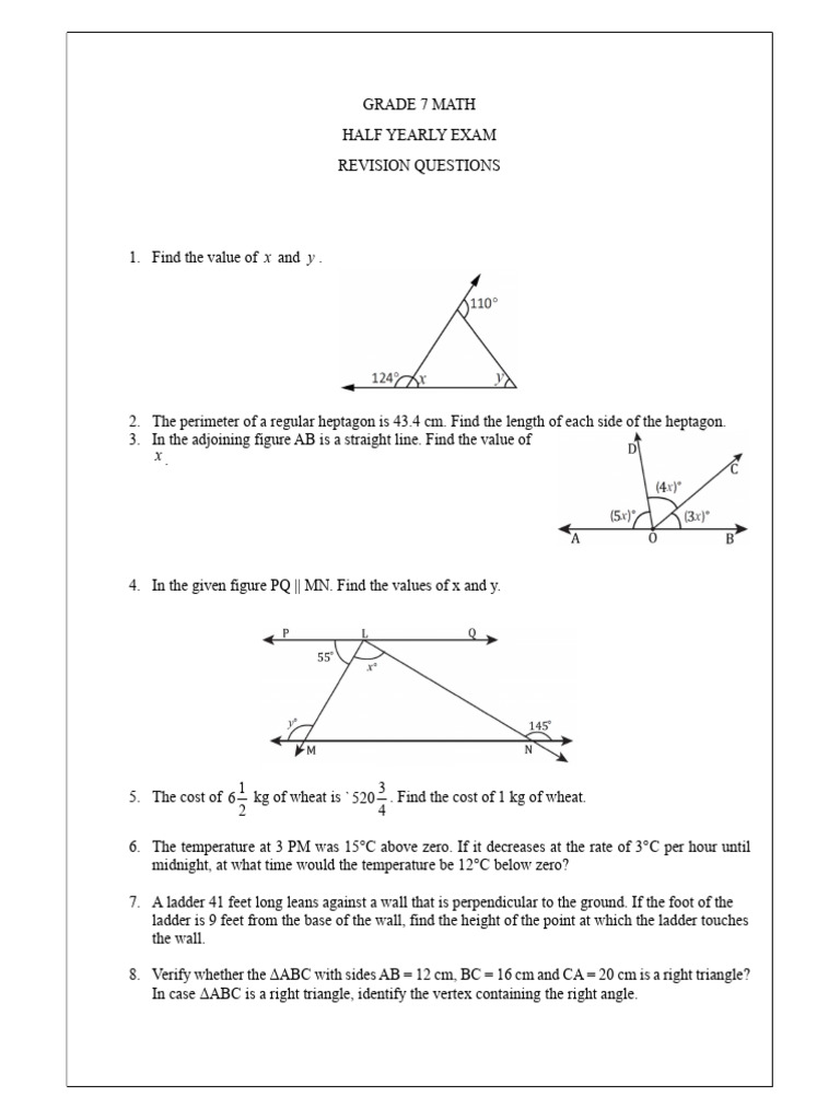 Grade 7 Maths Revision Questions | PDF | Triangle | Angle