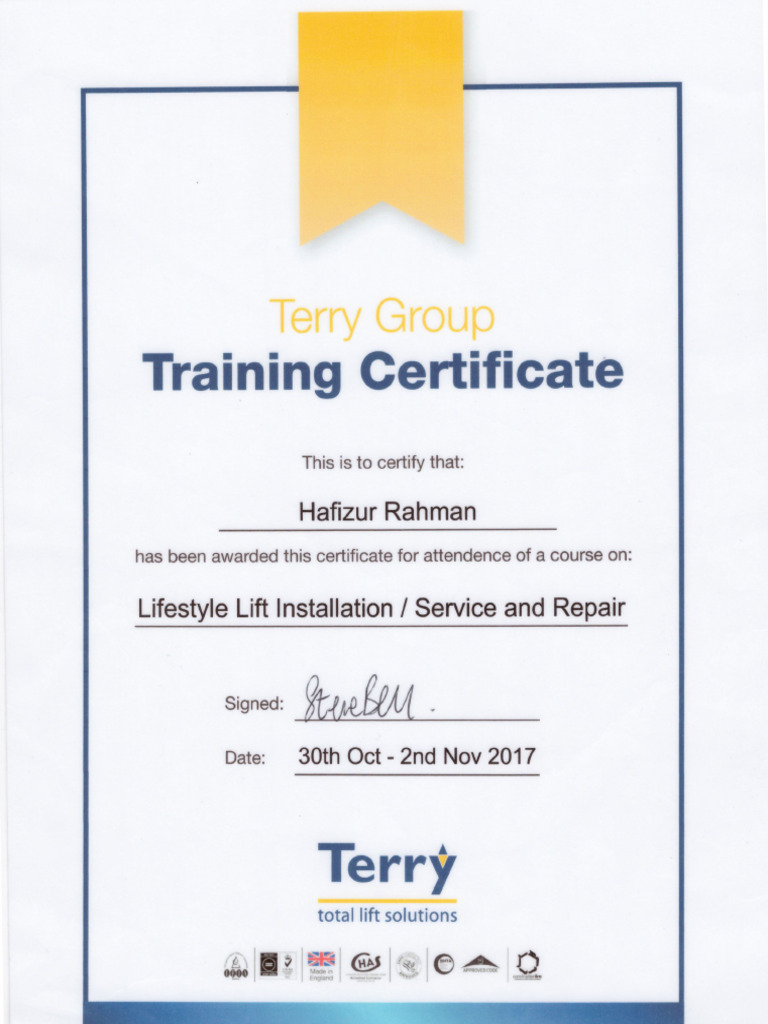Training Certificate On Lift | PDF