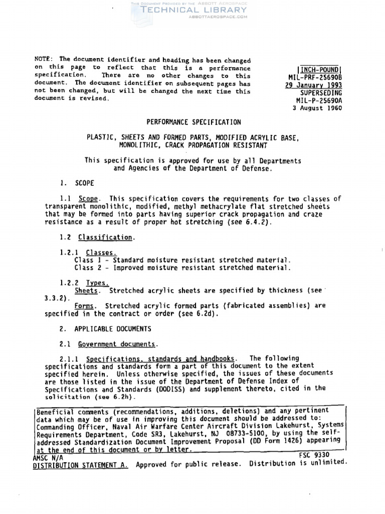 MIL-PRF-25690B Plastic, Sheets and Formed Parts, Modified Acrylic Base ...