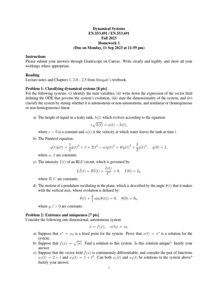 HW1 DynamicalSystems F23 | PDF | Nonlinear System | Mathematics
