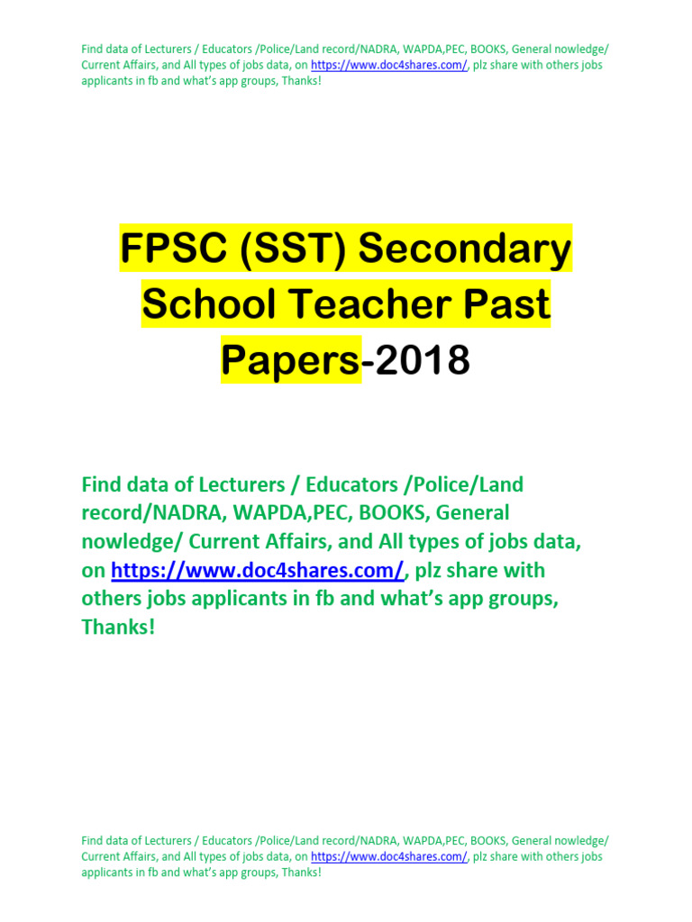 FPSC (SST) Secondary School Teacher Past Papers-2018 | PDF | Wellness