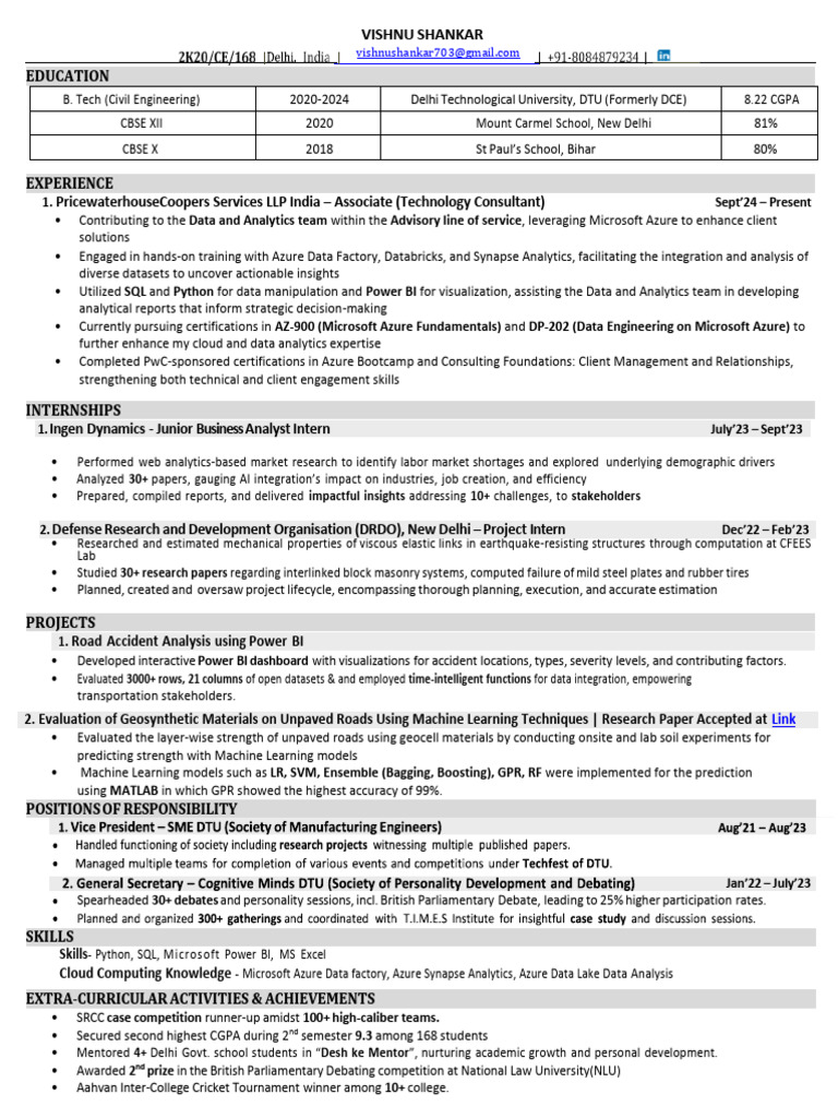 Resume Vishnu Shankar | PDF | Machine Learning | Microsoft Azure