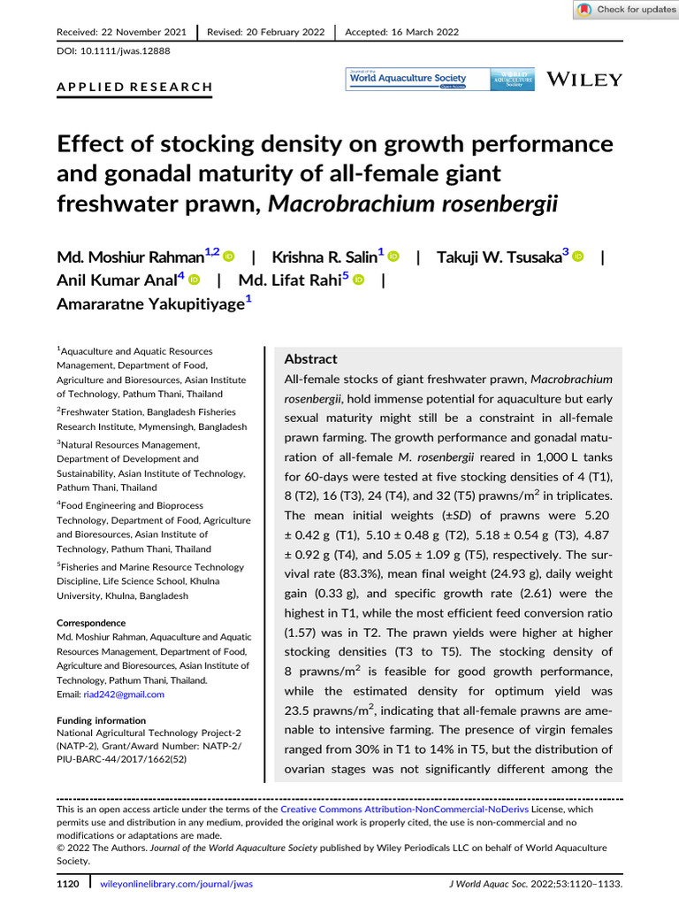 Effect of Stocking Density On Shrimp | PDF | Aquaculture | Ovary