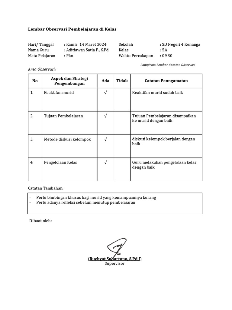 2 - Lembar Observasi Pembelajaran Di Kelas - Pak Adit | PDF