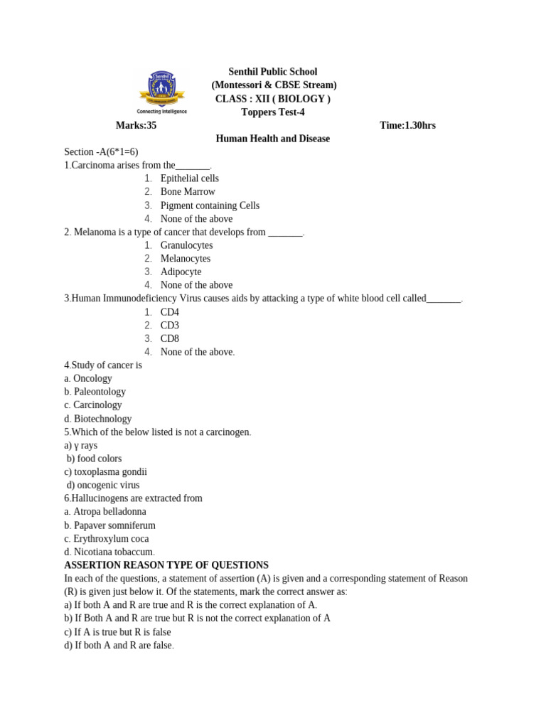CL 12 Chp-8.Human Health and Disease Test | PDF | Cancer | Retrovirus