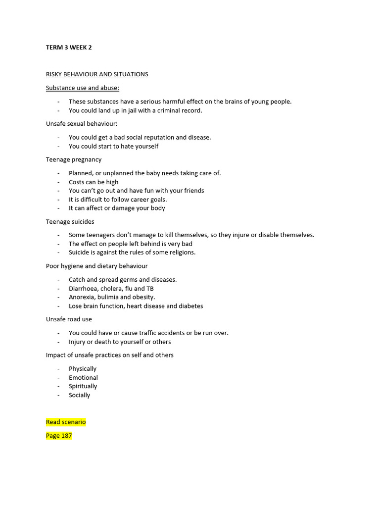 Term 3 Week 2 Risky Behaviour and Situations | PDF | Self-Improvement