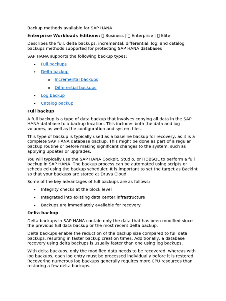 Backup Methods Available For SAP HANA | PDF | Backup | Databases