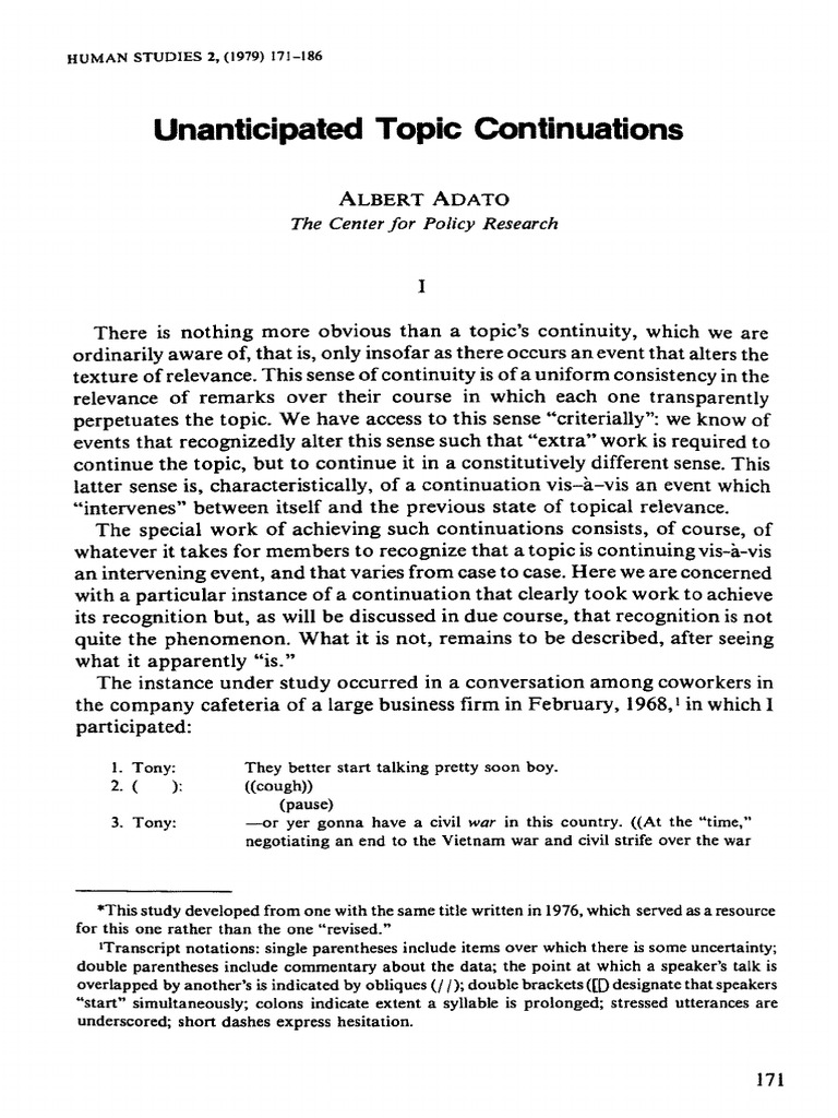 (Art) ADATO, Albert (1979) Unanticipated Topic Continuations | PDF | Western Philosophy