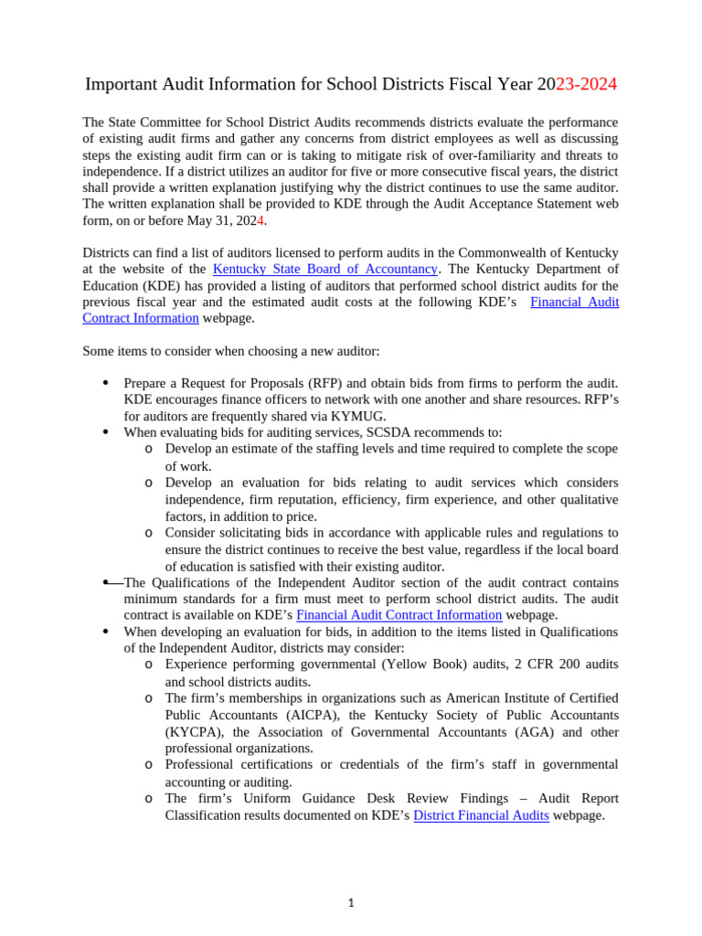 Important Audit Information For School Districts FY2024 | PDF | Audit ...
