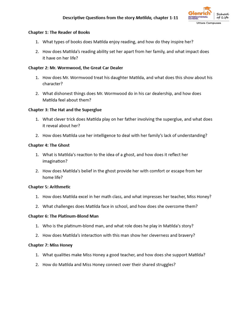 Matilda Chapter Comprehension Questions | PDF | Cognition | Social ...