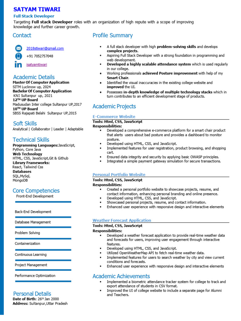 Satyam Resume 19 | PDF | Web Development | Information Technology