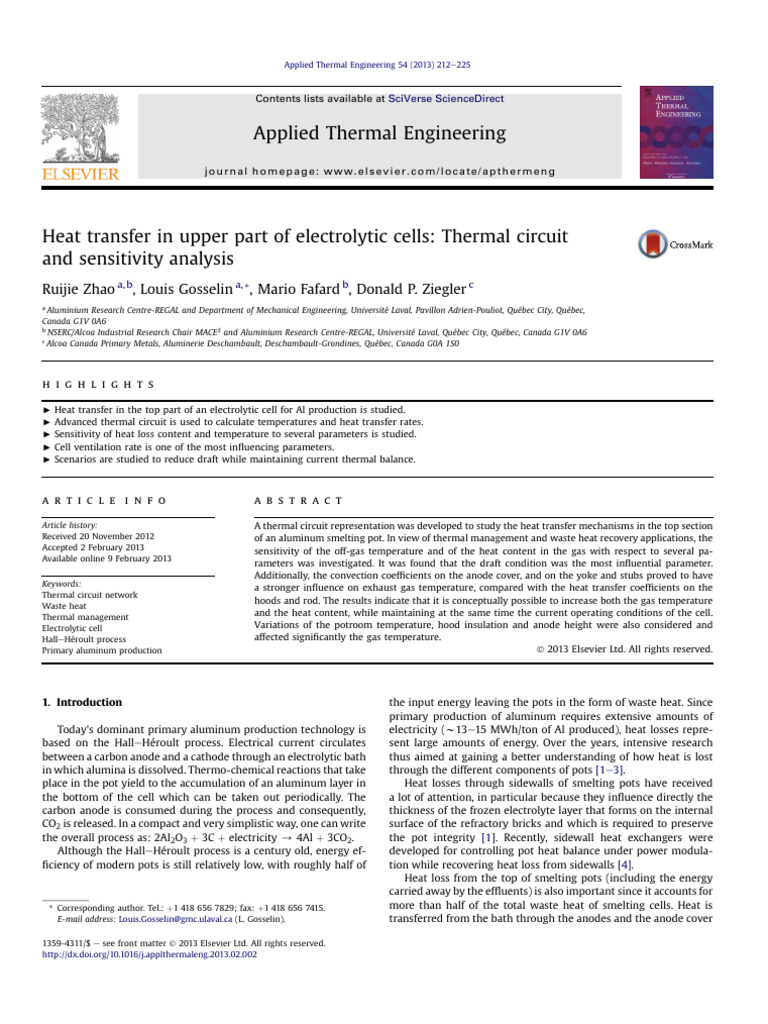 2013 - Zhao - Heat Transfer in Upper Part of Electrolytic Cells Thermal Circuit and Sensitivity ...