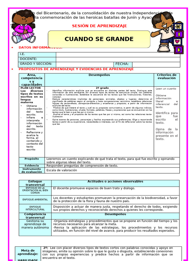 u7 s5 Sesion d4 Plan Lector Cuando Sea Grande 998591174 | PDF ...