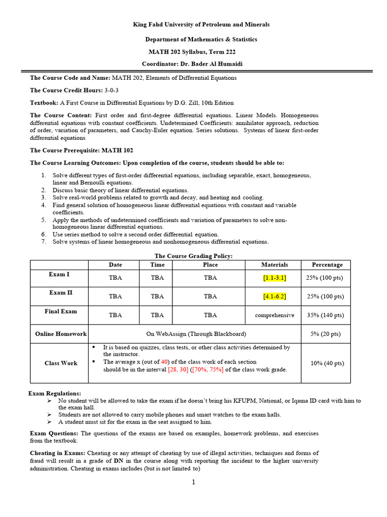Syllabus Math 202-Term 222 | PDF | Equations | Differential Equations